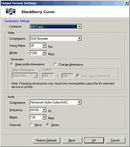 Digital Media Converter Pro : BlackBerry Curve Device Profile
